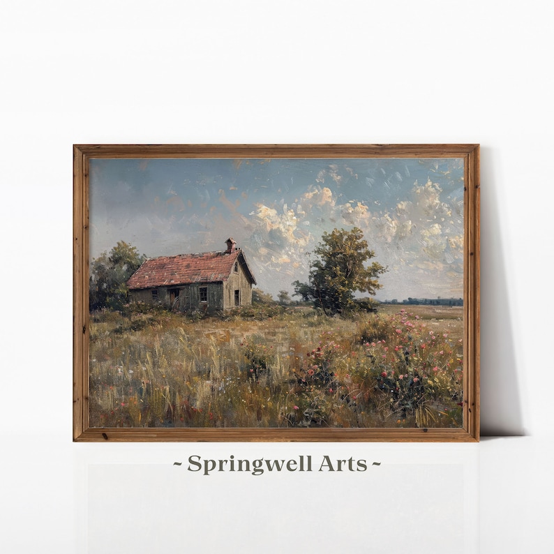 Vintage Farmhouse Landscape Print, Rustic Farmland Wall Art, Wildflower ...