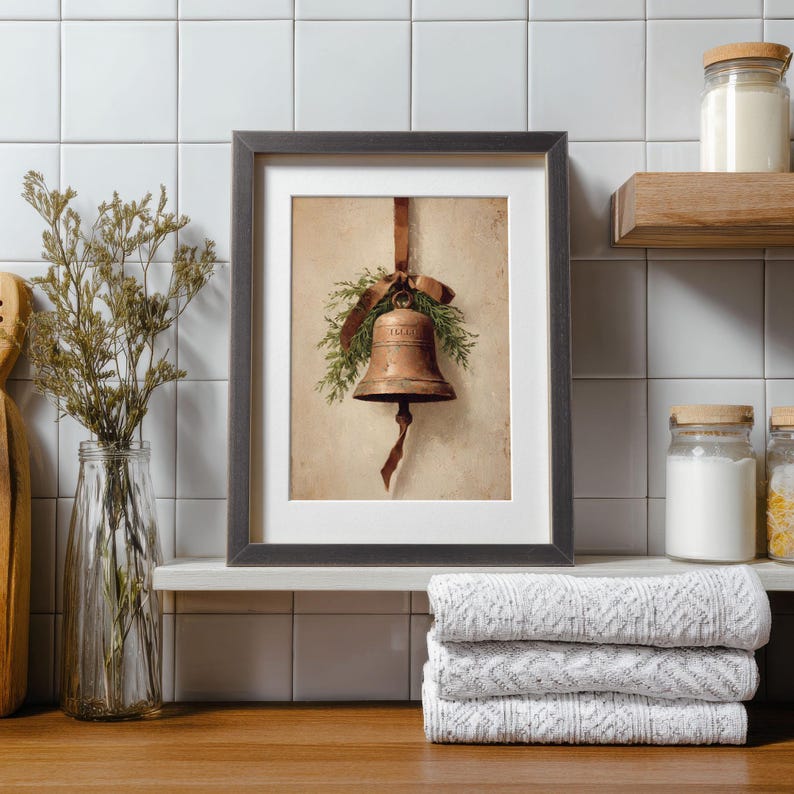 Christmas Bell Painting, Copper & Beige Holiday Botanical Print ...
