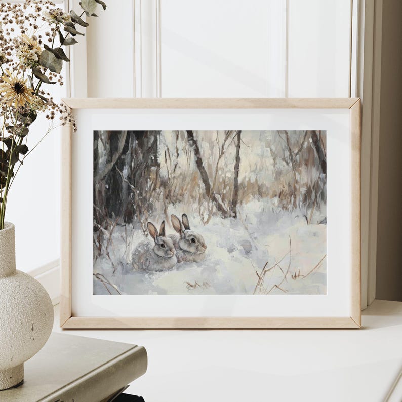 Rustic Winter Bunny Rabbits Printable Art | Woodland Snowy Forest ...