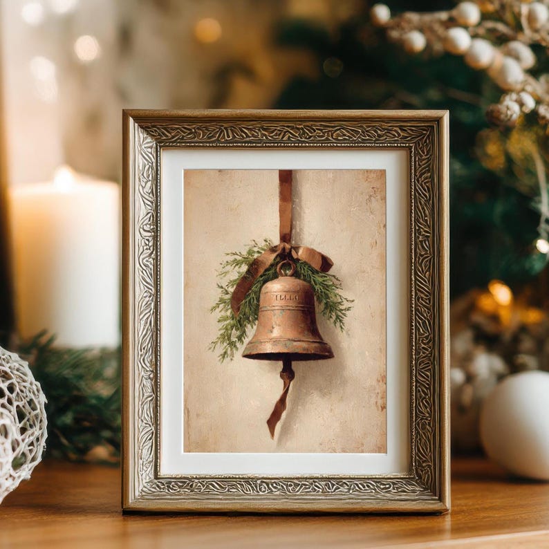 Christmas Bell Painting, Copper & Beige Holiday Botanical Print ...