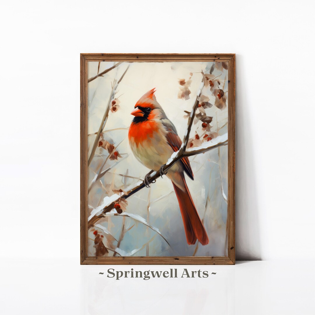 Vintage Cardinal Bird Painting Winter Red Bird Art Digital Download Red ...