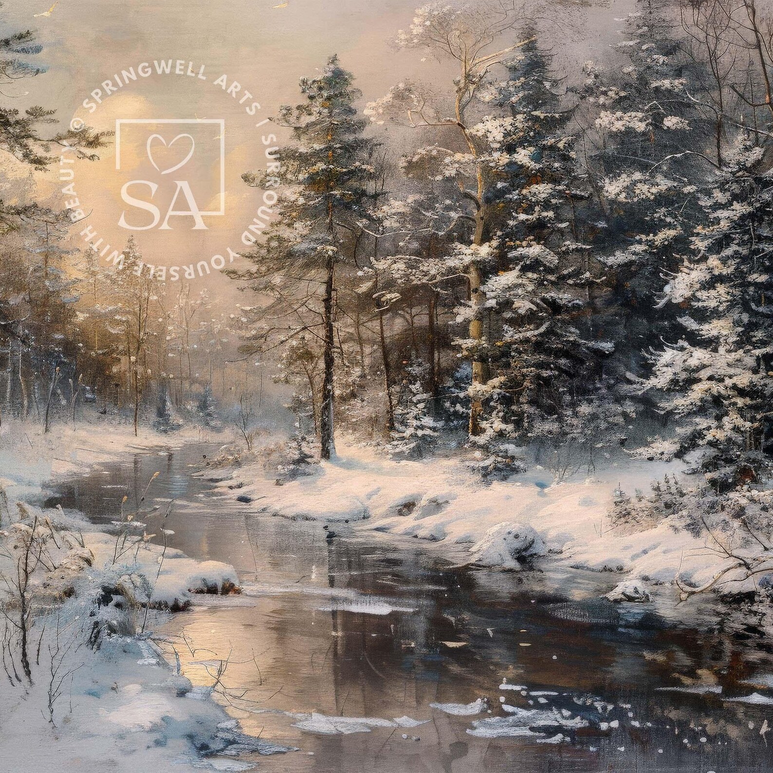 Vintage Winter Forest Stream Art Print | Snowy Woodland Landscape ...