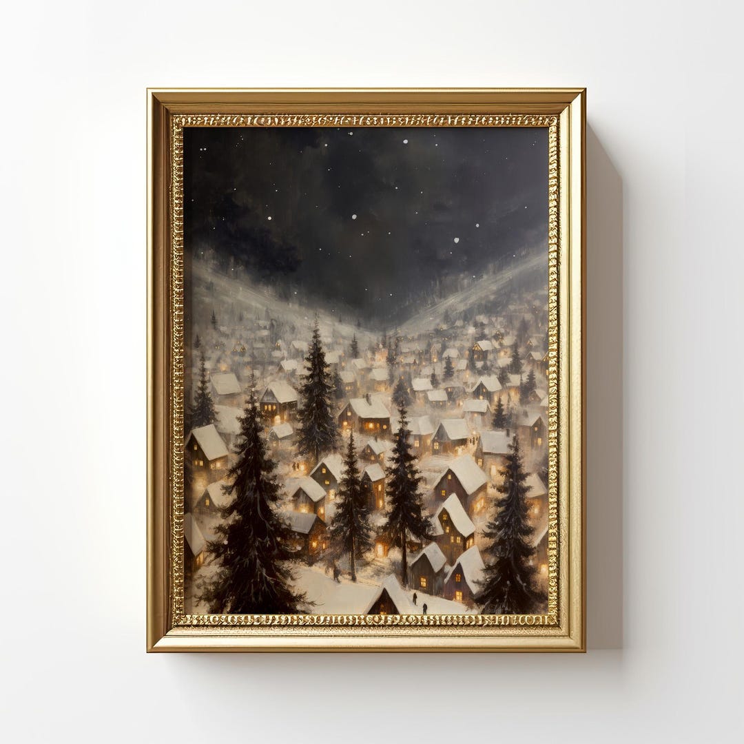 Vintage Winter Village Printable Art | Snowy Valley Town Night Painting ...