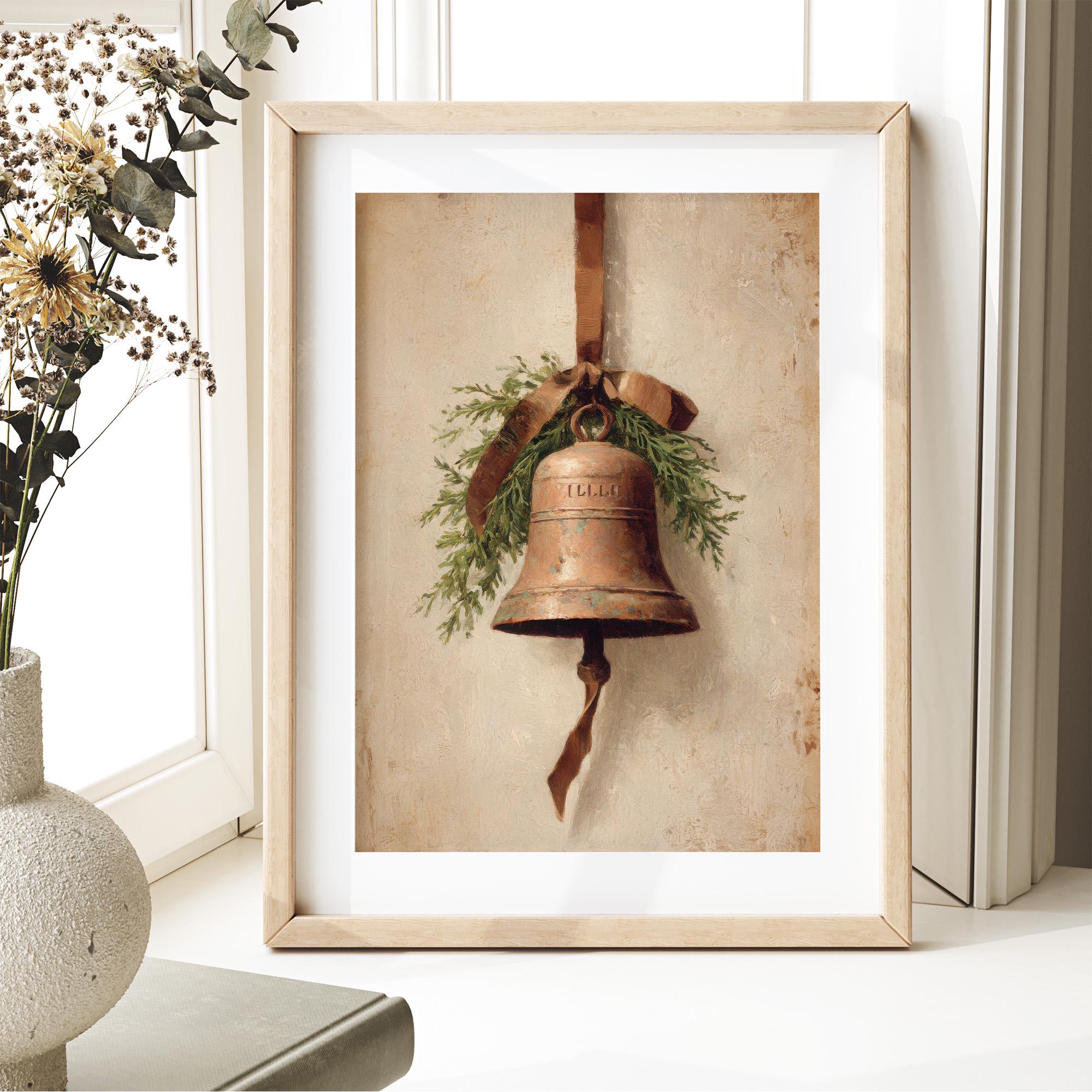 Christmas Bell Painting, Copper & Beige Holiday Botanical Print ...