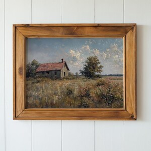 Vintage Farmhouse Landscape Print, Rustic Farmland Wall Art, Wildflower ...