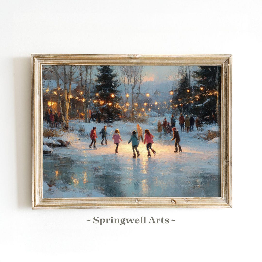 Children Ice Skating Print, Vintage Winter Painting, Kids Room Decor ...