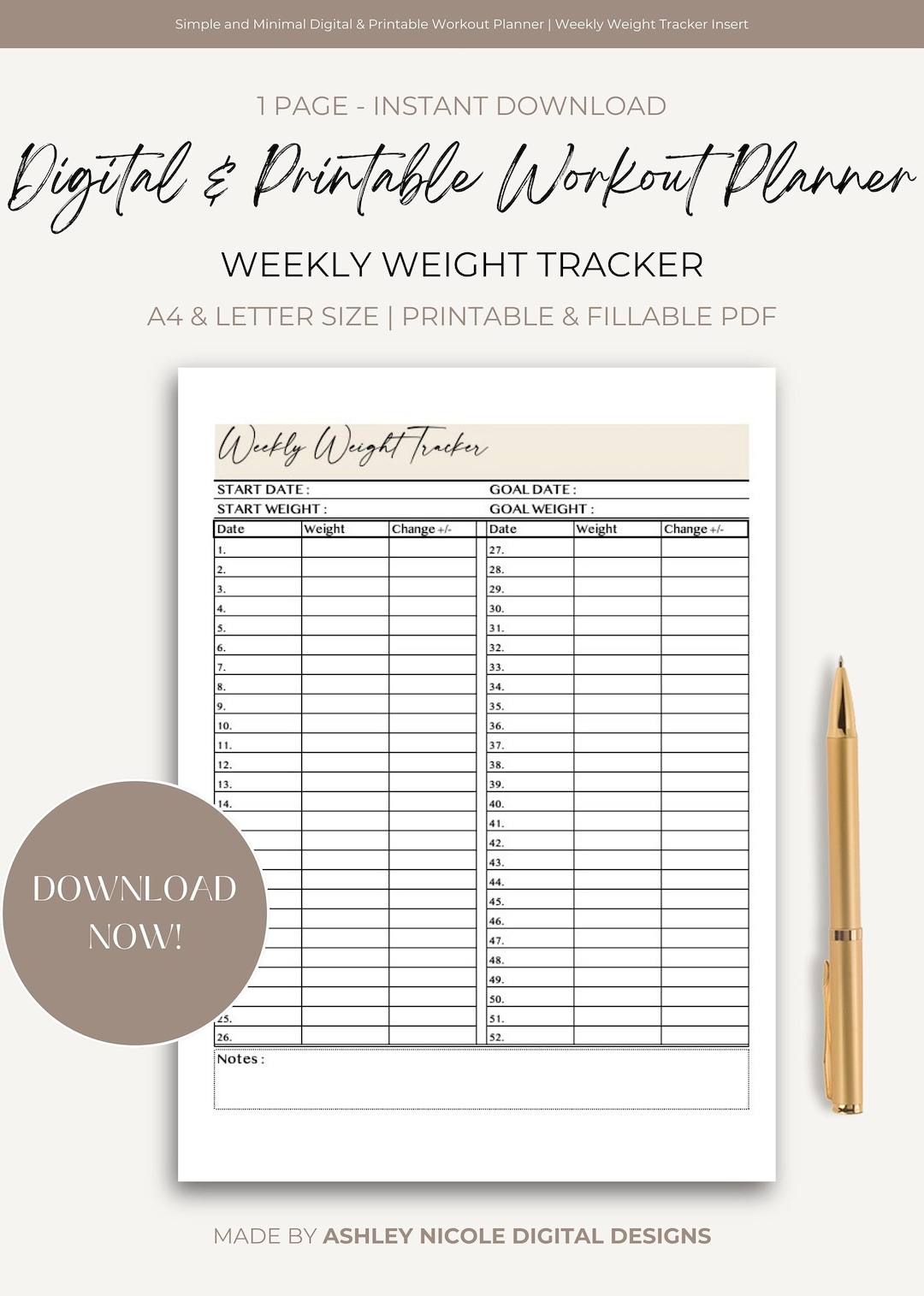 Printable Workout Planner Insert | Weekly Weight Tracker Insert ...