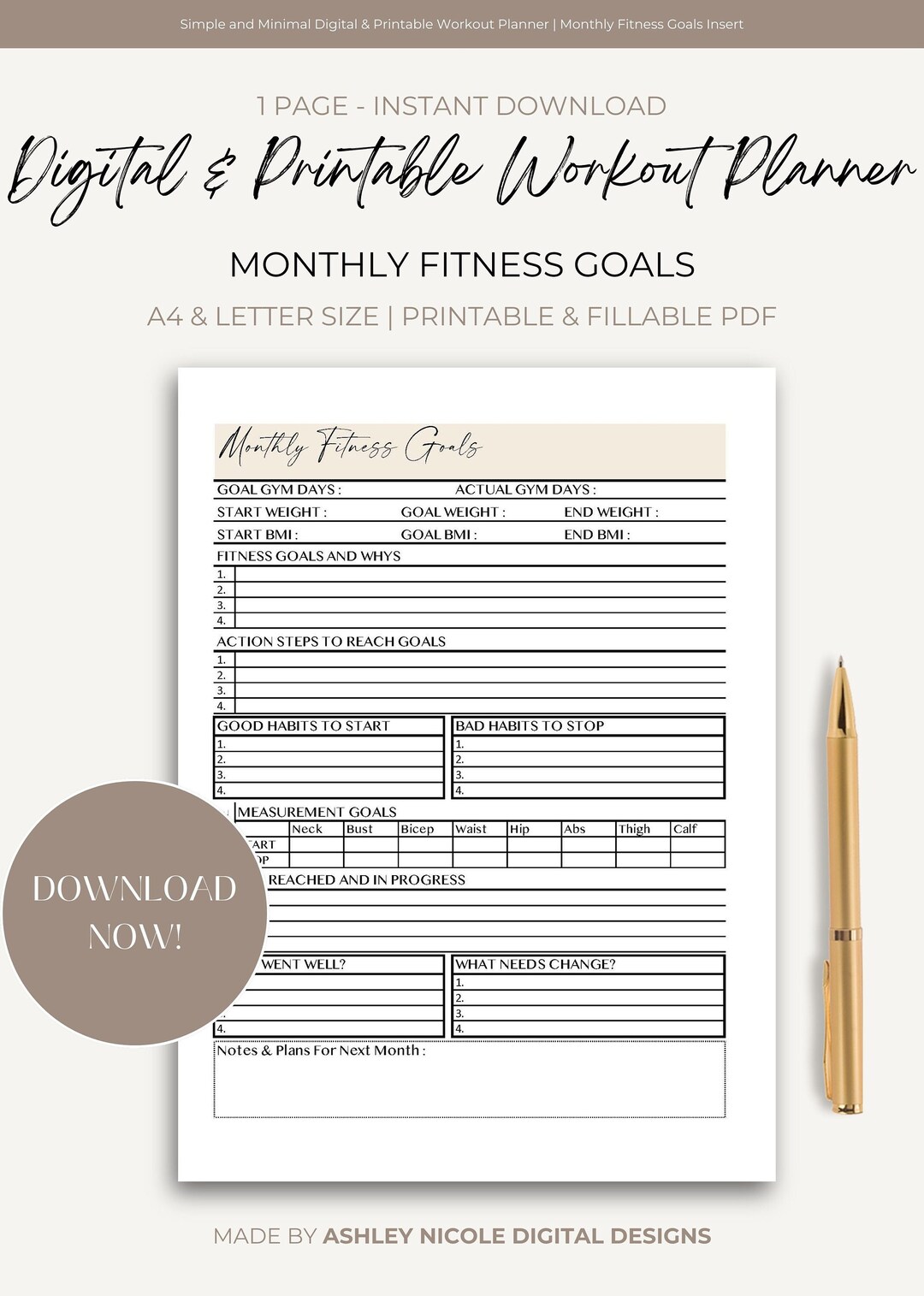 Printable Workout Planner Insert | Monthly Fitness Goals Insert ...