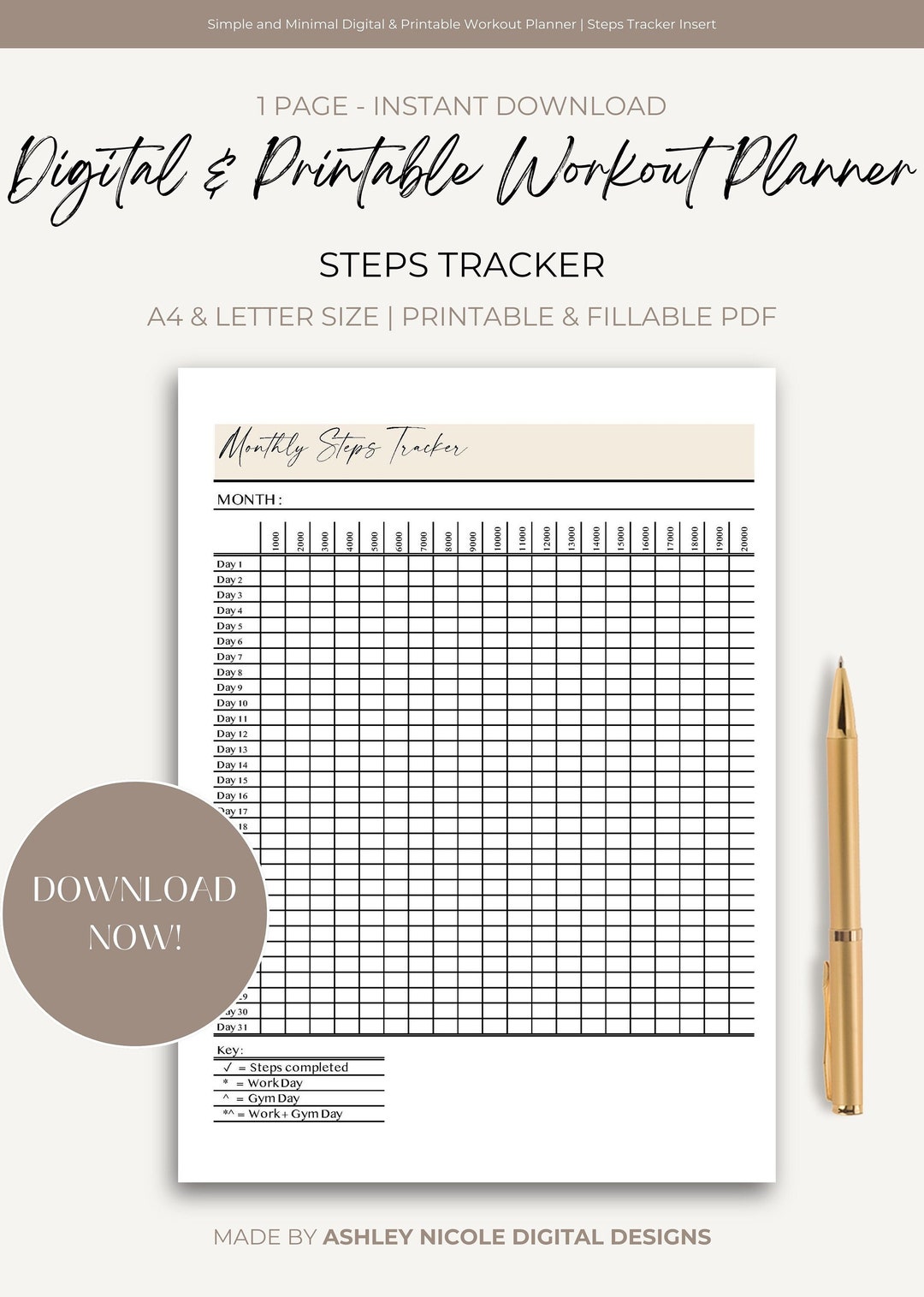 Printable Workout Planner Insert Monthly Steps Tracker Insert, Digital ...