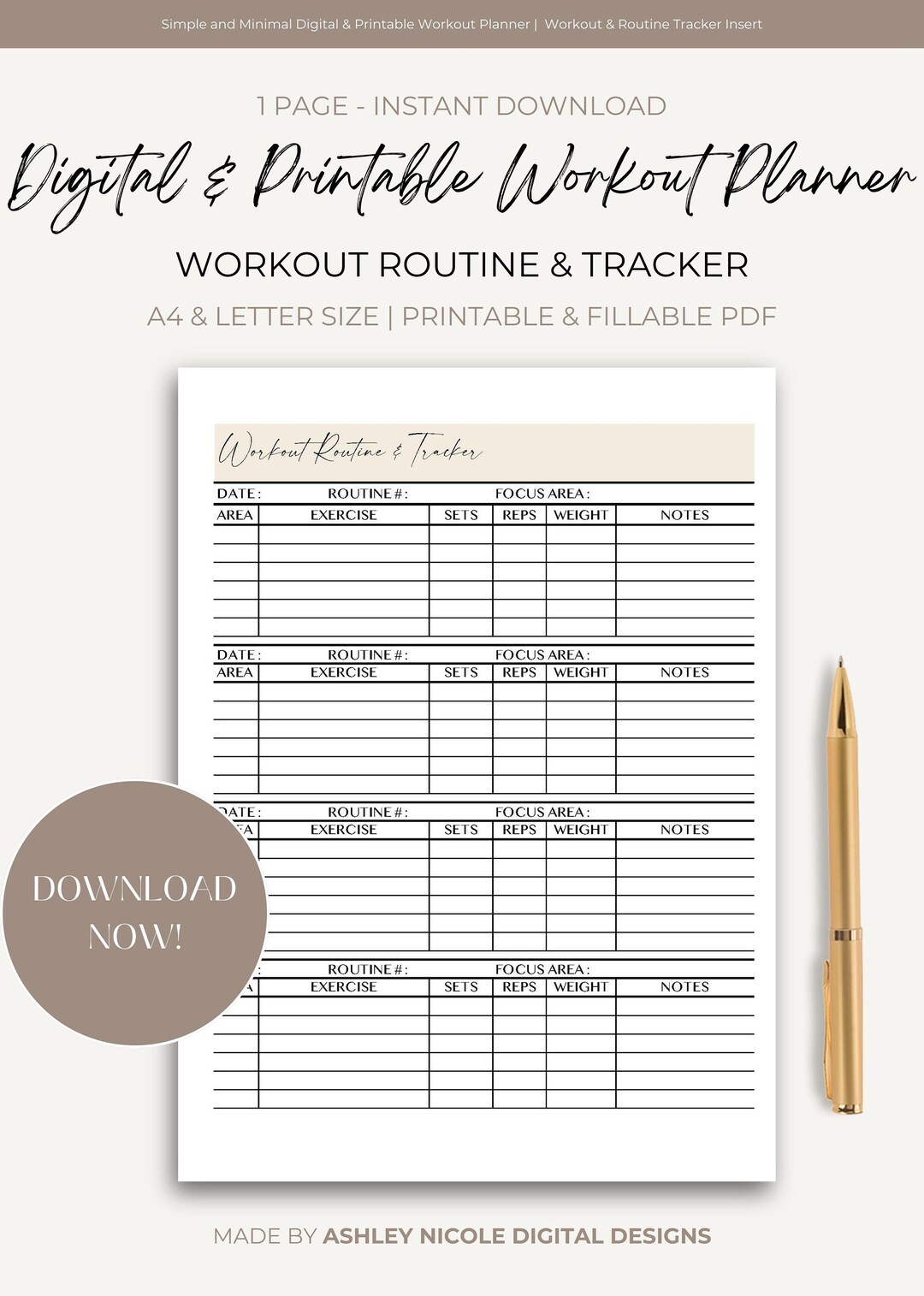 Printable Workout Planner Insert | Workout Routine and Tracker Insert, Digital Workout Planner ...