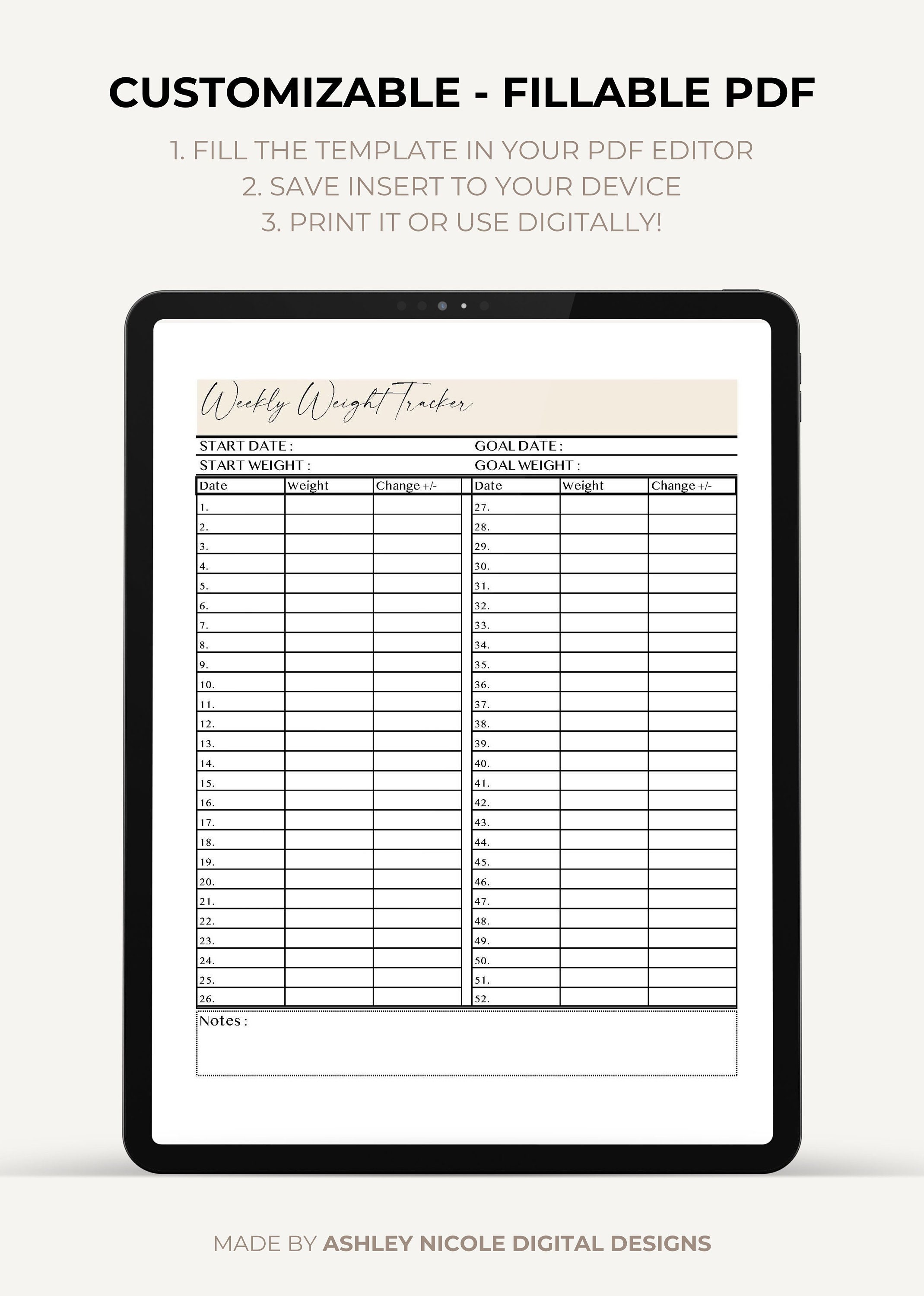 Printable Workout Planner Insert Weekly Weight Tracker Insert, Digital ...