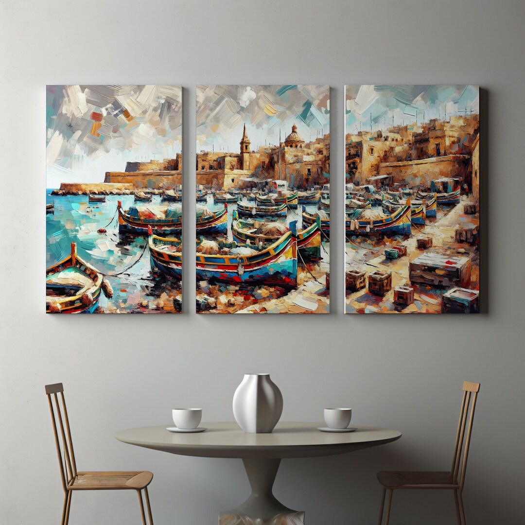 Maltese Luzzu Boats in Valetta Painting | Vintage Landscape Print ...