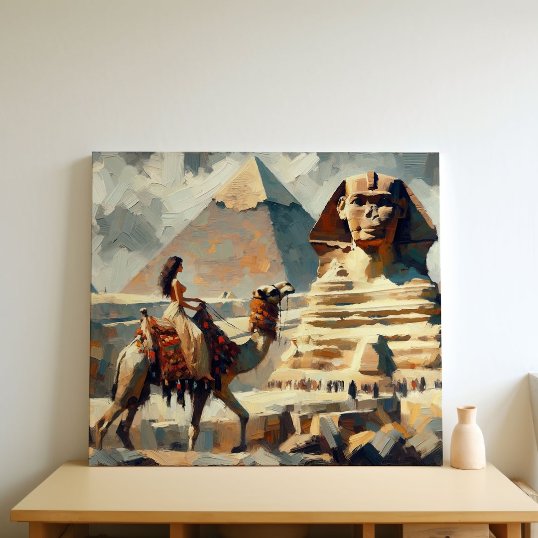 Girl on Camel Sphinx Great Pyramid Painting | Vintage Landscape Print ...