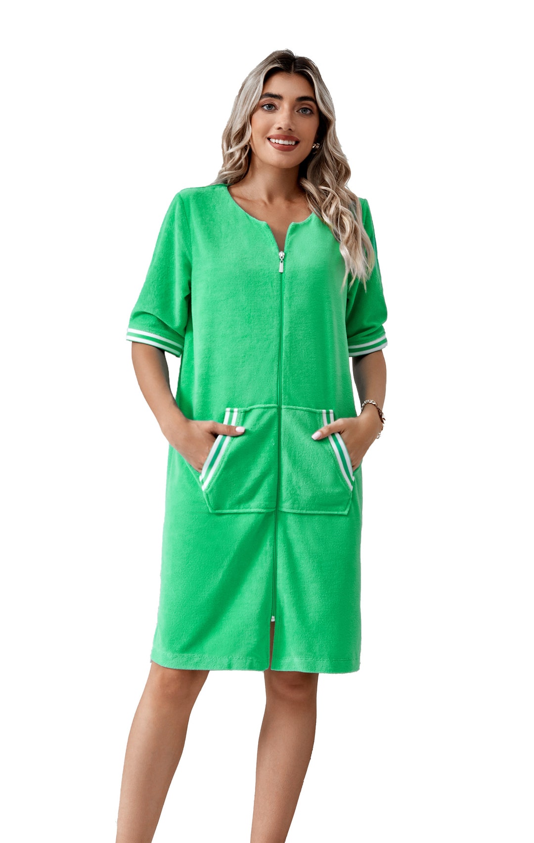 Women Front Zipper Soft Robe Zipper Bathrobe Dressing Gown Housedress ...