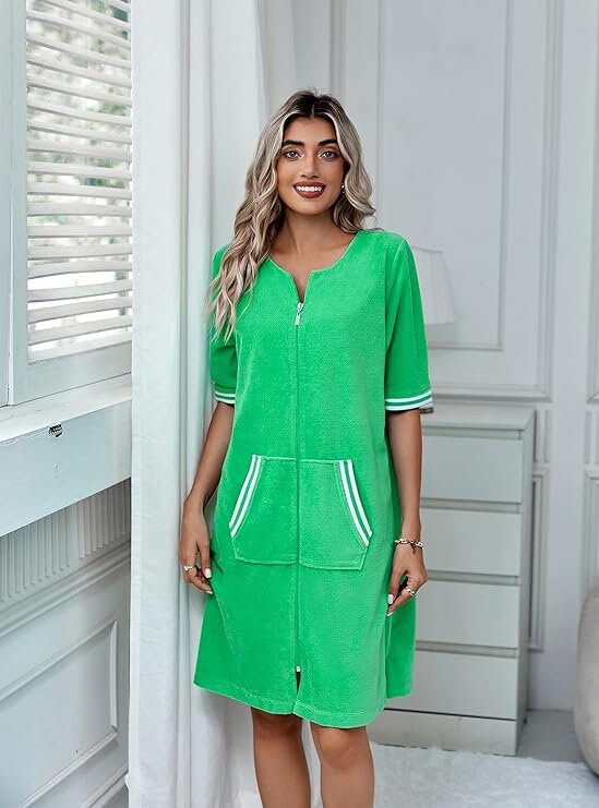 Women Front Zipper Soft Robe Zipper Bathrobe Dressing Gown Housedress ...