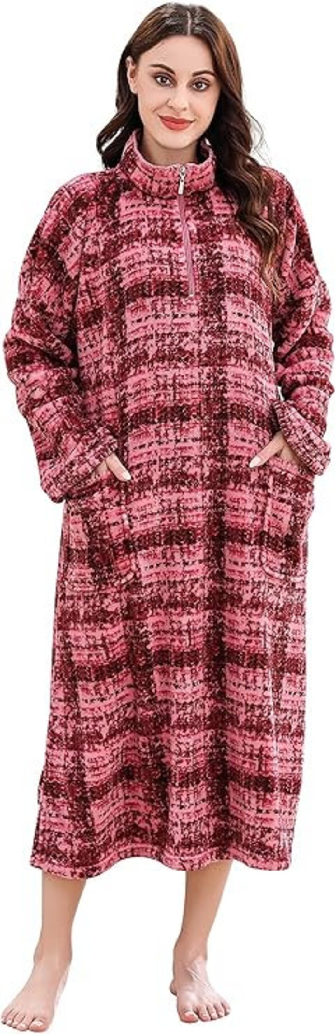 Womens Zipper Front Printed Robe Long Housecoat With Pocket Nightgown ...