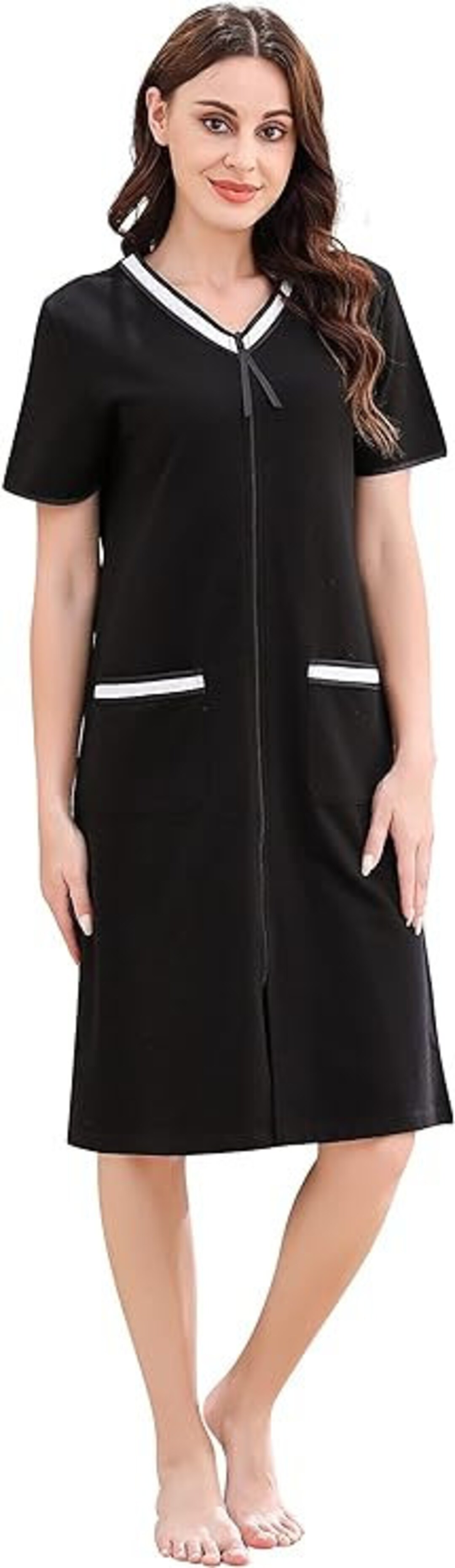 Womens Zipper Front Housecoat Short Sleeve Nightgown Long Housedress ...