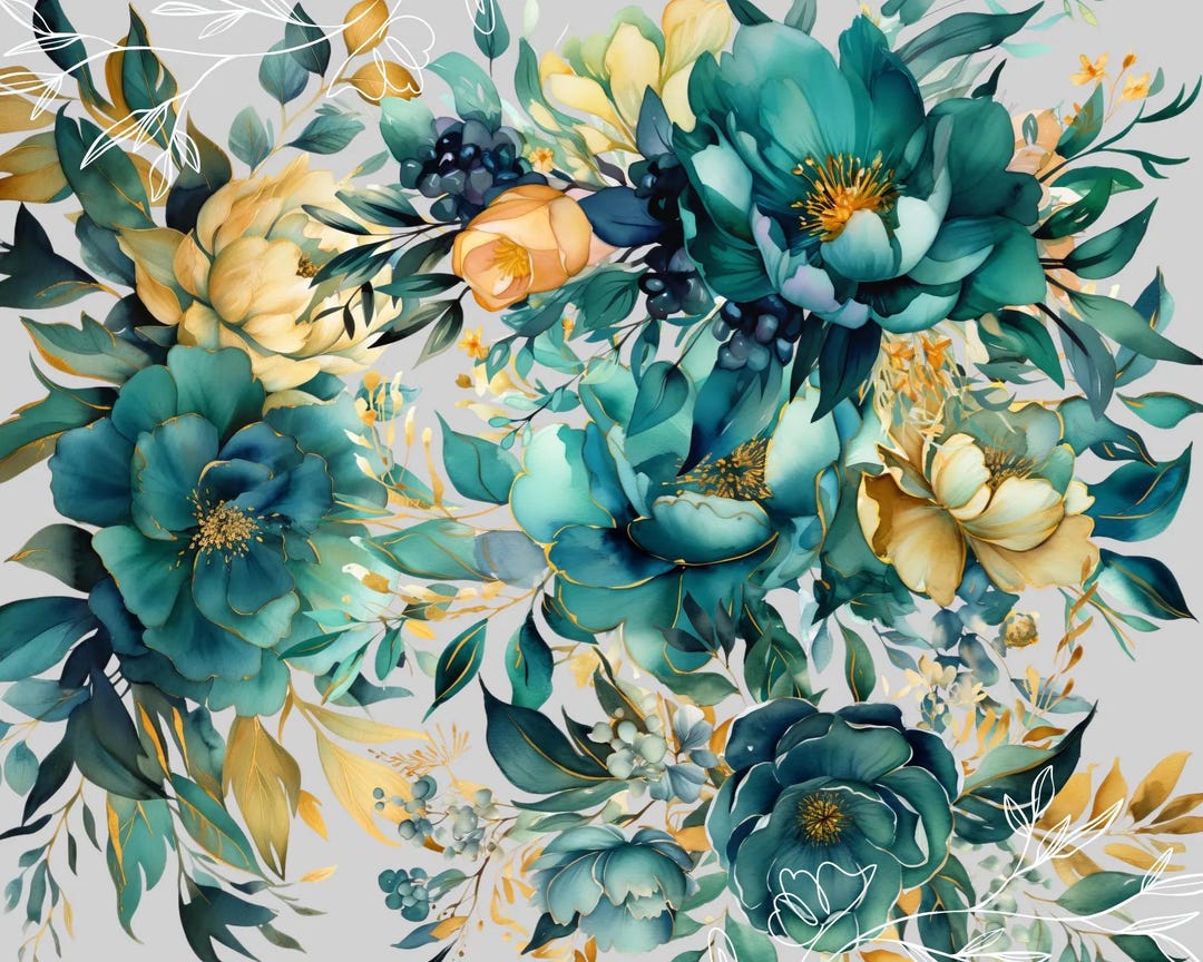 Teal Flowers Clipart, Teal Flowers, Pink Floral Clipart, Burgundy and ...