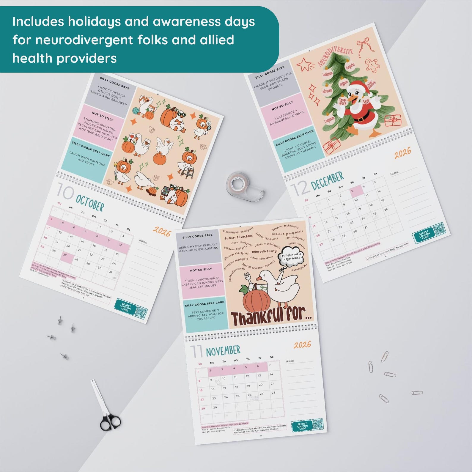 Silly Goose Neurodiversity Calendar 2026, Inclusive Mental Health Gift ...