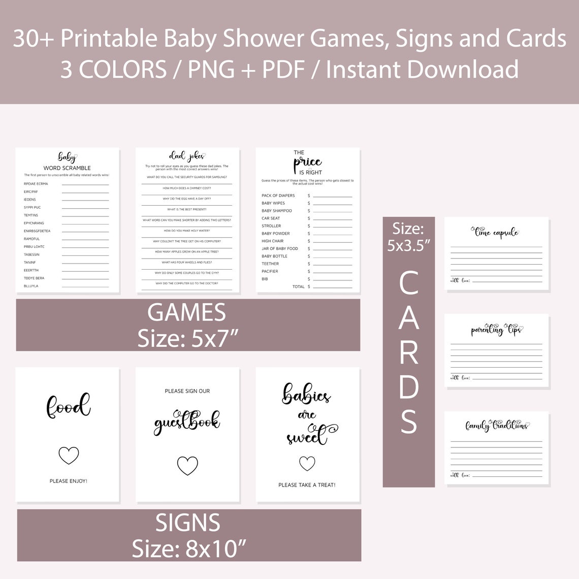 30 Printable Baby Shower Games, Cards and Signs, Party Game Bundle ...