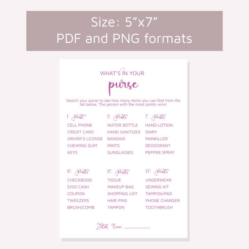 What's in Your Purse, Printable Baby Shower Game, Party Game, Instant ...