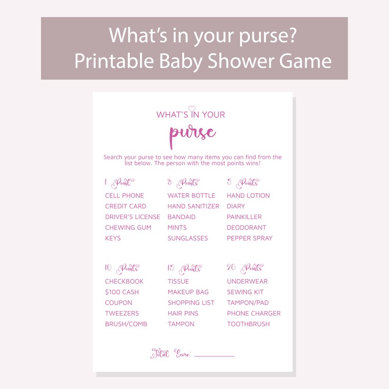 What's in Your Purse, Printable Baby Shower Game, Party Game, Instant ...