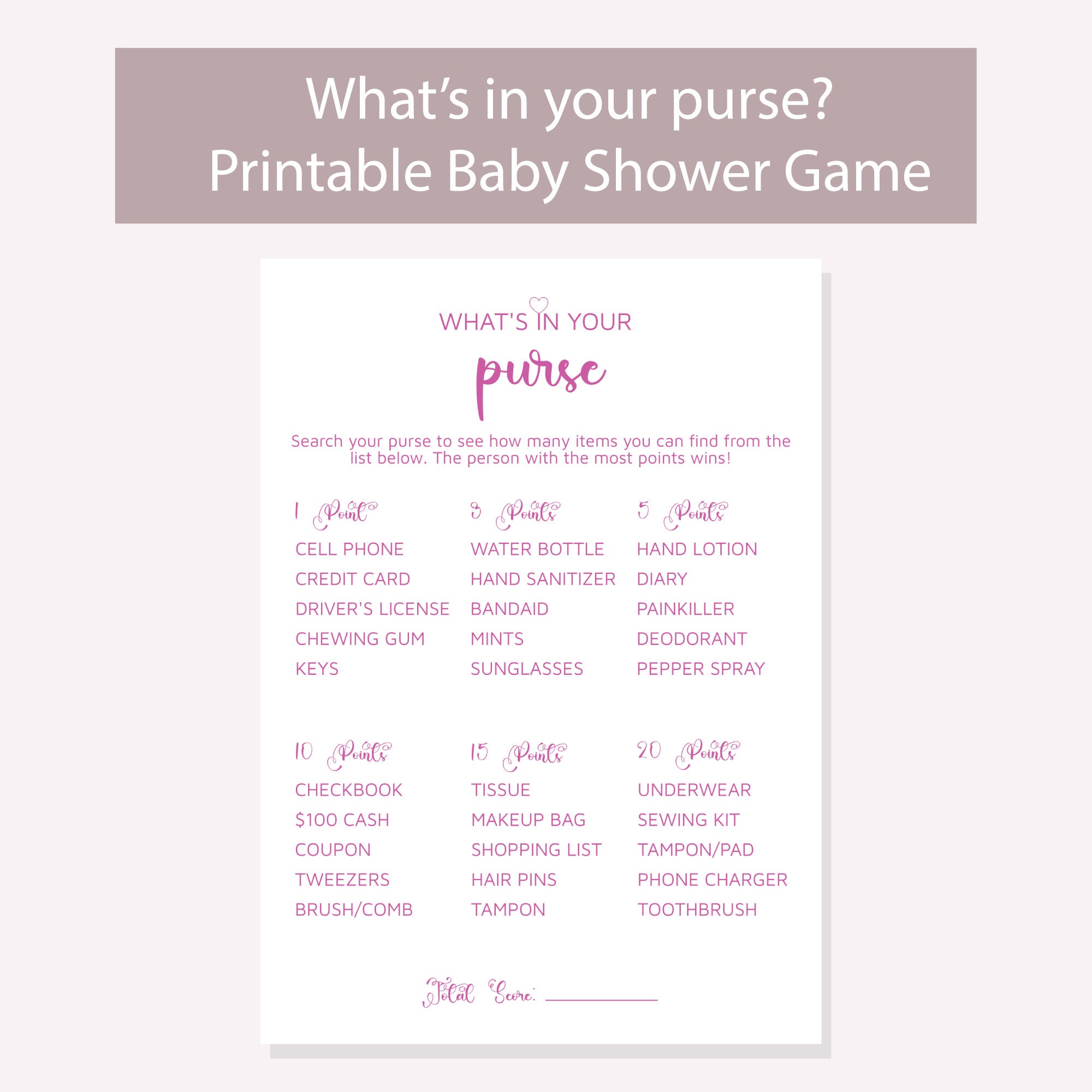 What's in Your Purse, Printable Baby Shower Game, Party Game, Instant ...