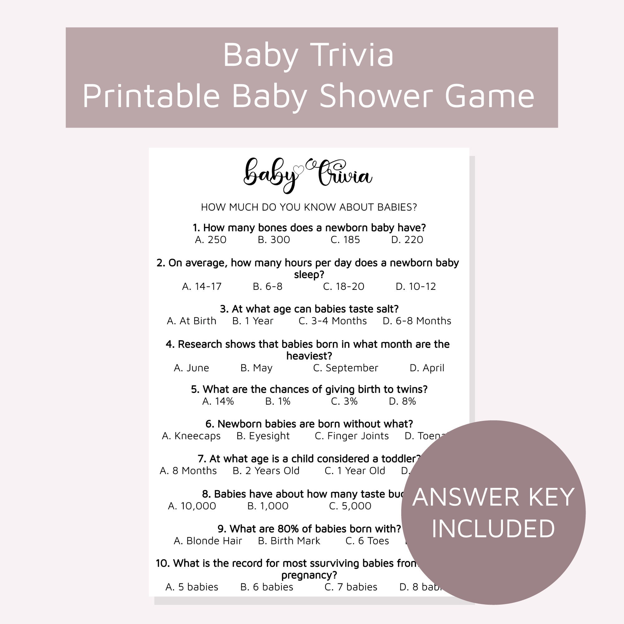 Baby Trivia Game, Printable Baby Shower Game, Party Game, Instant ...