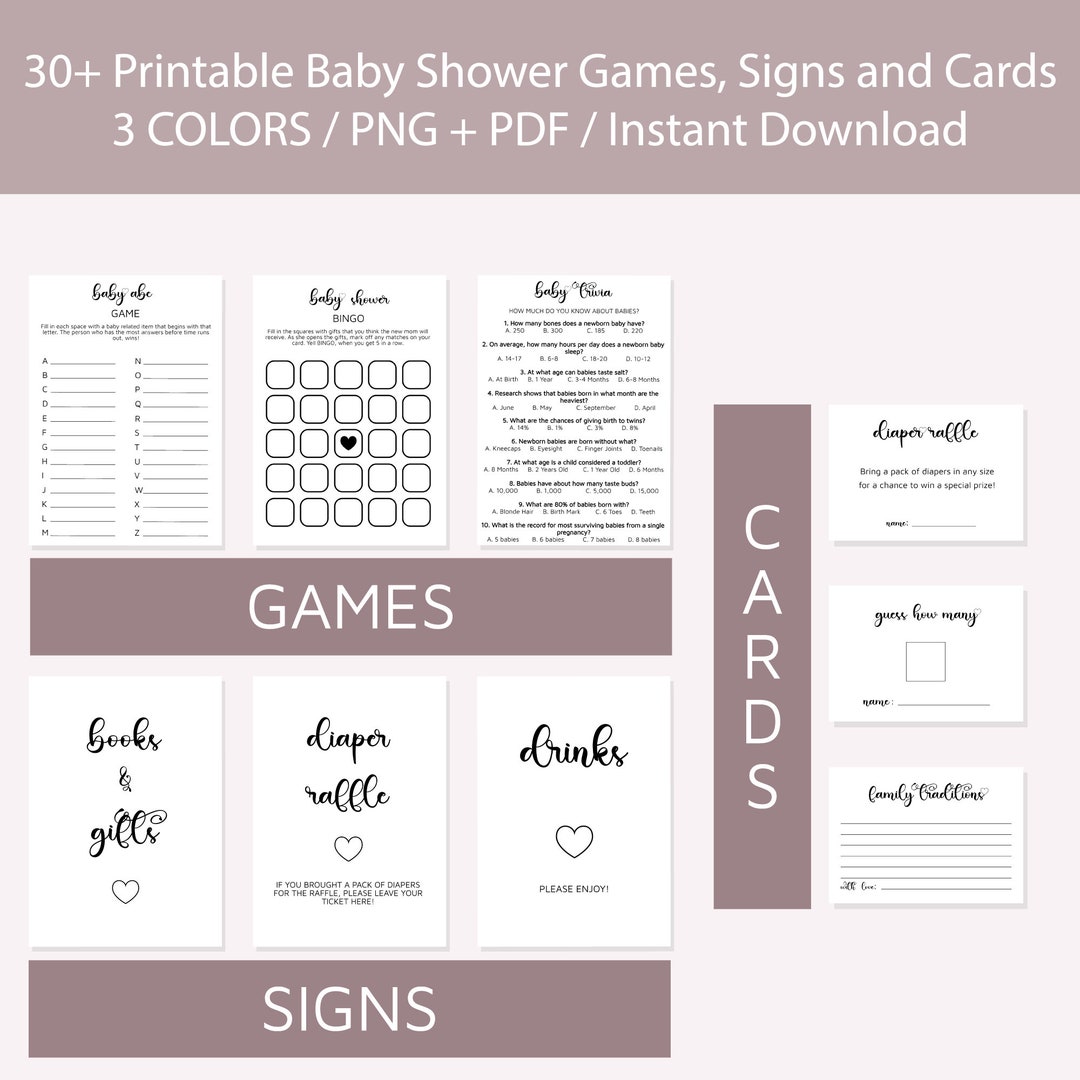 30 Printable Baby Shower Games, Cards and Signs, Party Game Bundle ...