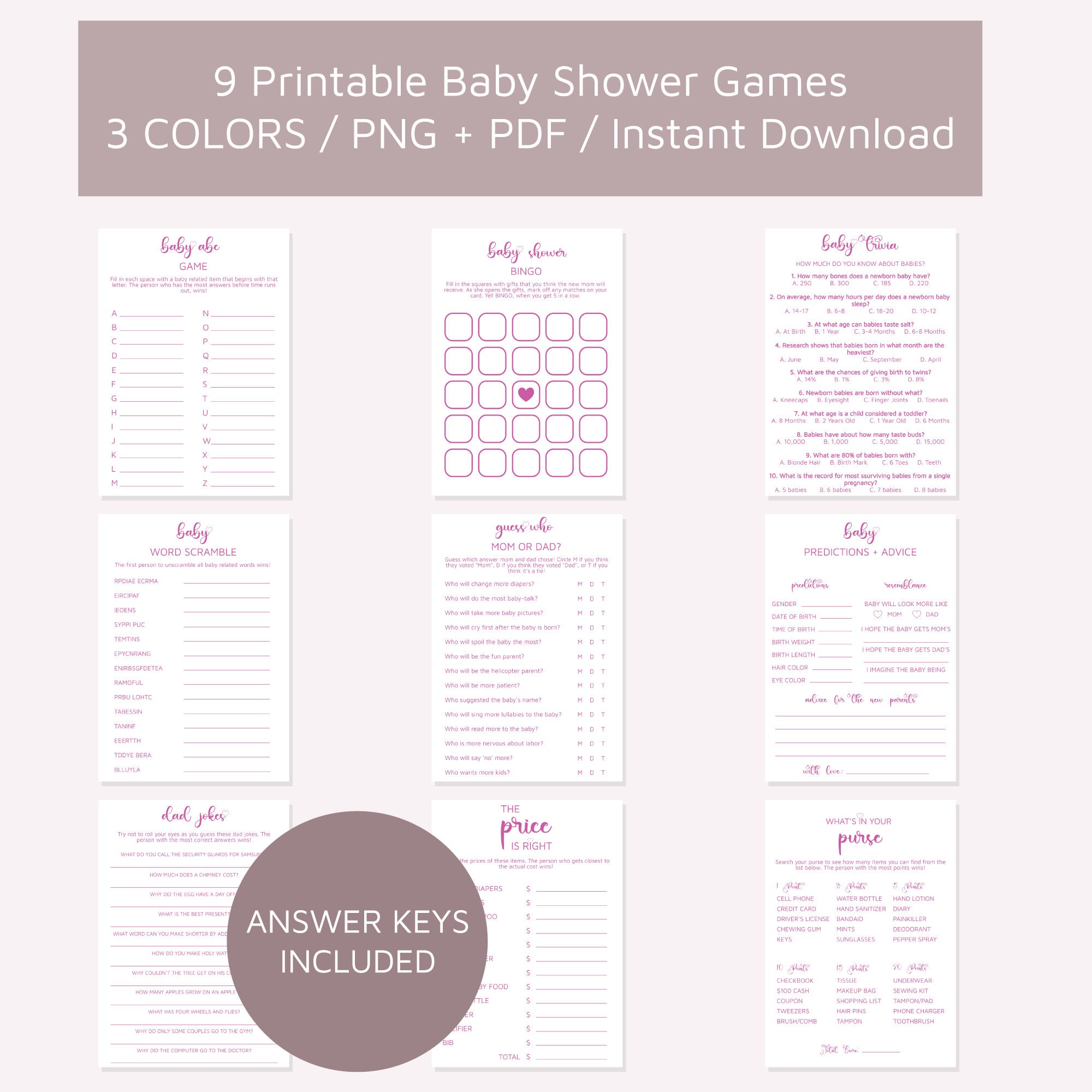 9 Printable Baby Shower Games, Party Game Bundle, Instant Download PDF ...