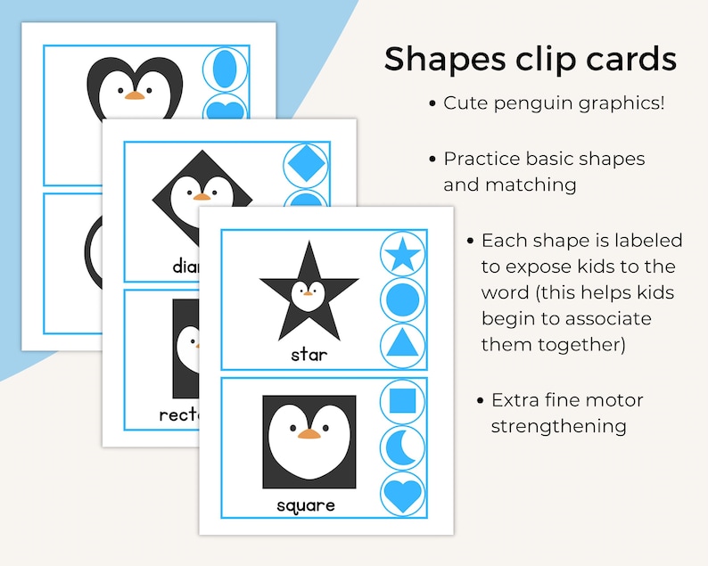 Printable Winter Penguin Shapes; Shape Clip Cards for Preschool; Fine ...