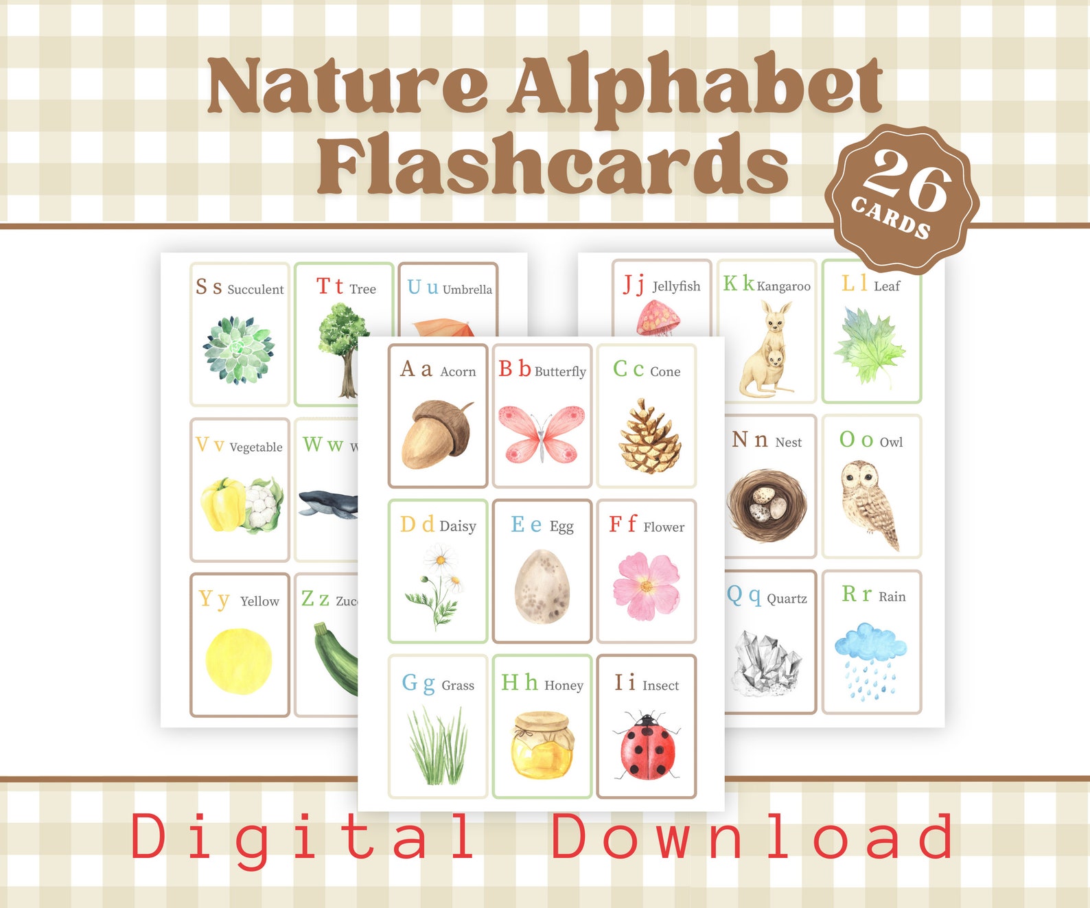 Printable Alphabet Flashcards, Nature-themed ABC Flash Cards, Letters ...