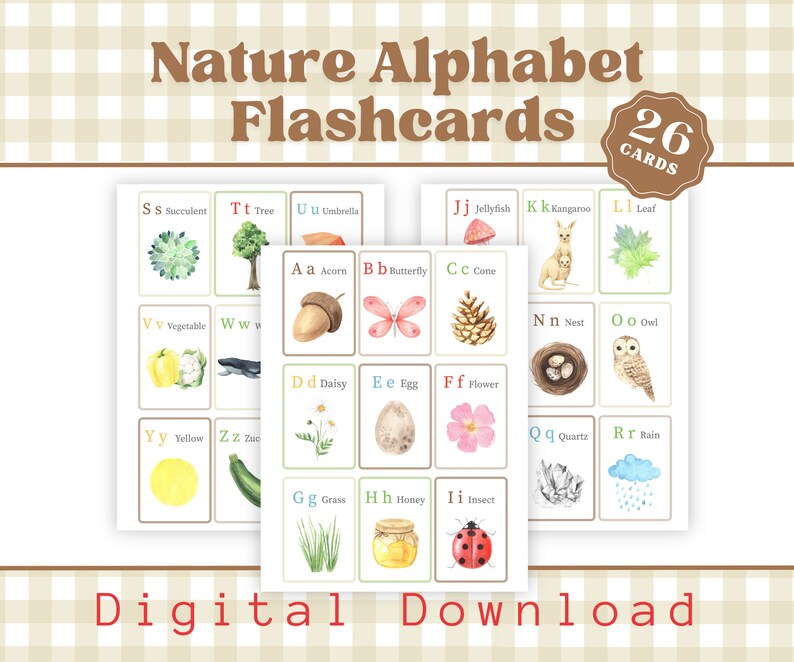 Printable Alphabet Flashcards, Nature-themed ABC Flash Cards, Letters ...