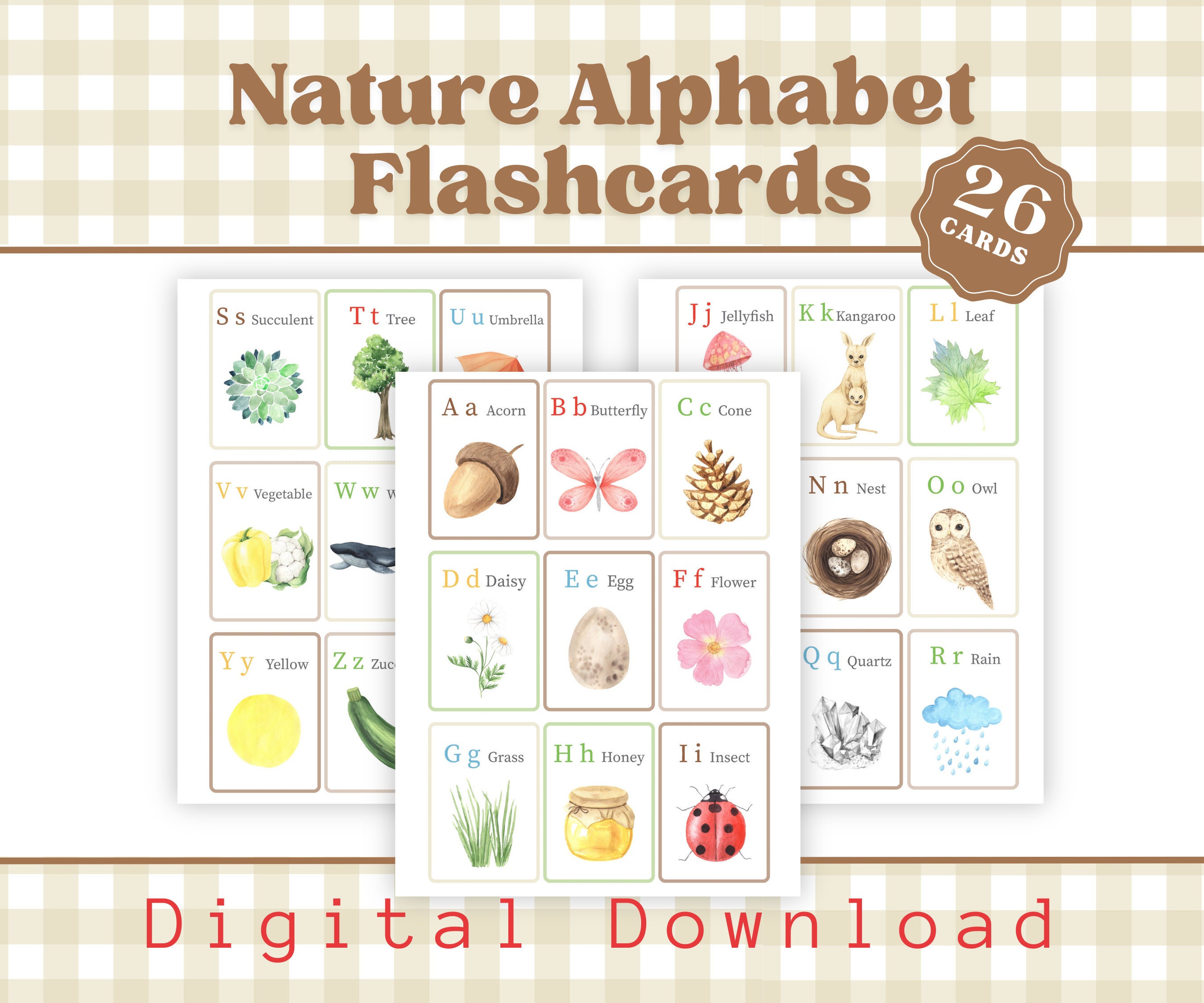 Printable Alphabet Flashcards, Nature-themed ABC Flash Cards, Letters ...