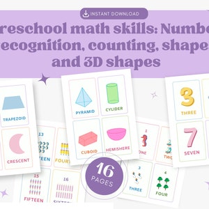 Kindergarten Math Flashcards, Shapes and Numbers Printable Study Cards ...