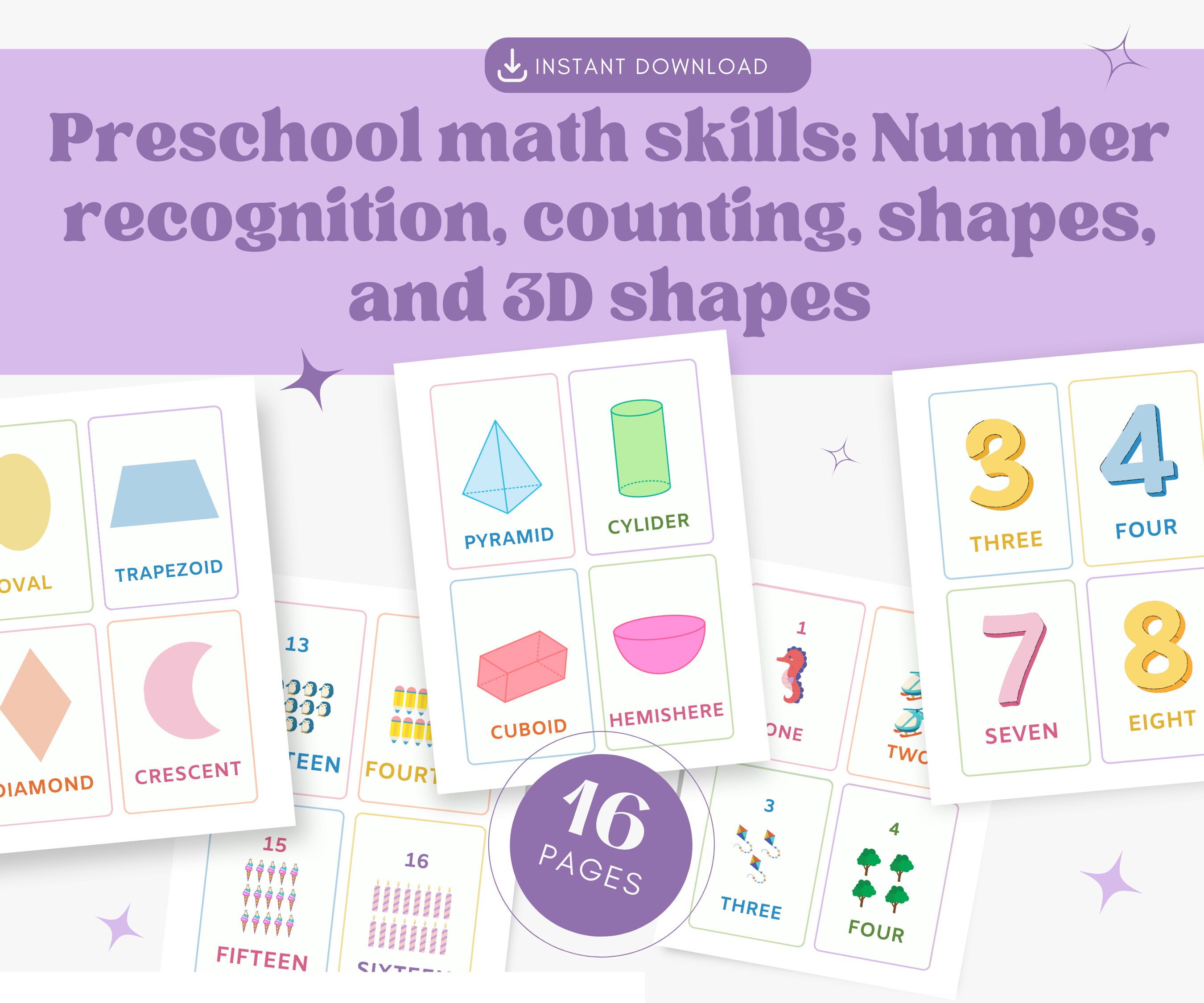Kindergarten Math Flashcards, Shapes and Numbers Printable Study Cards ...