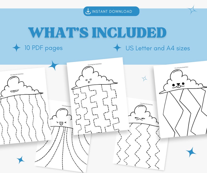 Cloud Scissor Skills Printable Cut Out Pages, Pre-k Worksheets, Fine ...