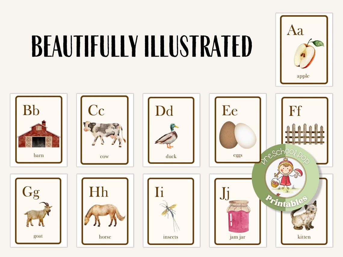 Printable Alphabet Flashcards Farm-themed ABC Cards Letter Recognition ...
