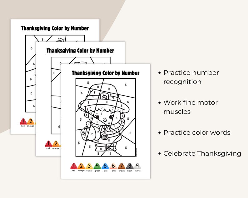 Thanksgiving Color by Number Pages: Kids Printable (numbers 1-10) (PDF ...
