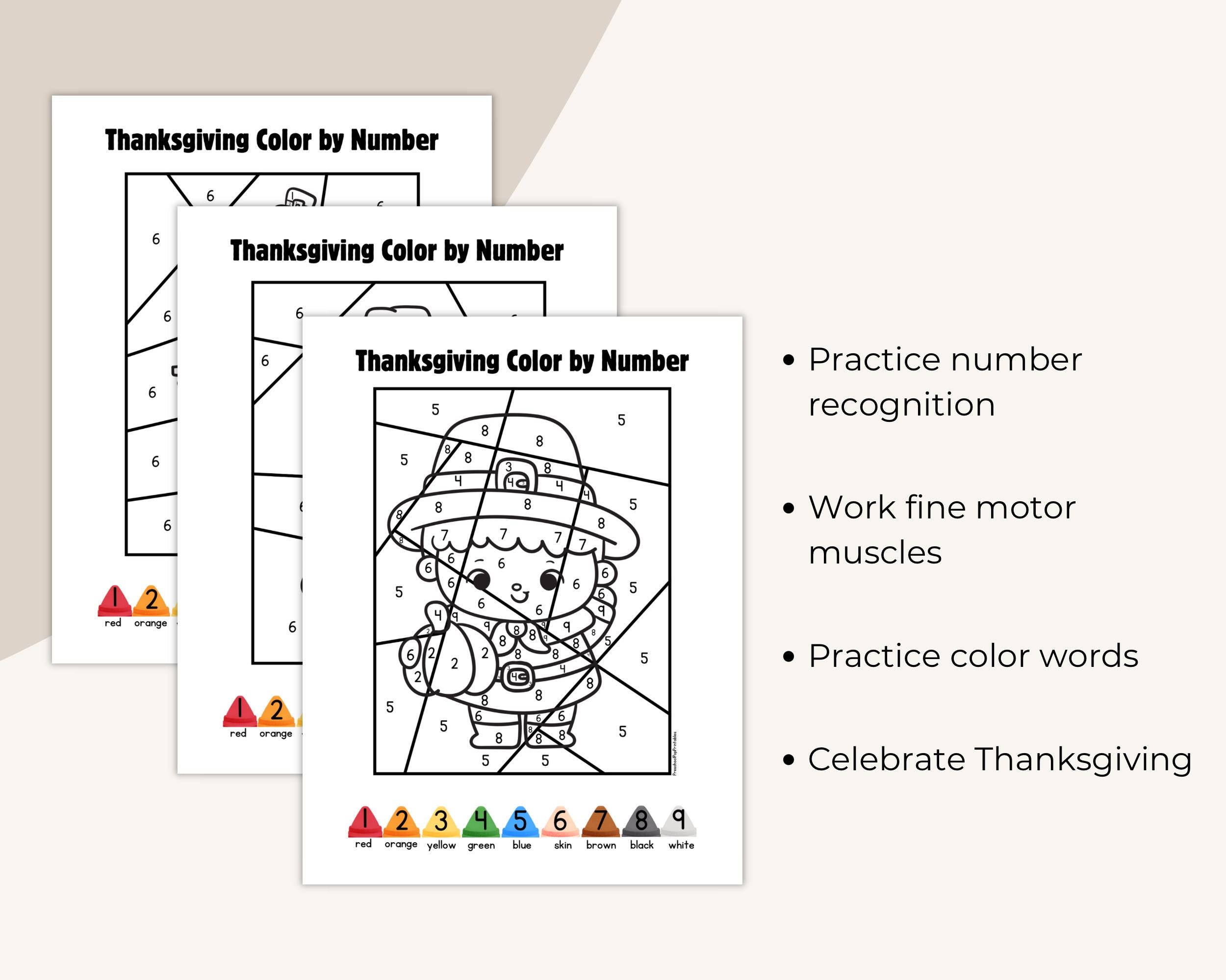 Thanksgiving Color by Number Pages: Kids Printable (numbers 1-10) (PDF ...