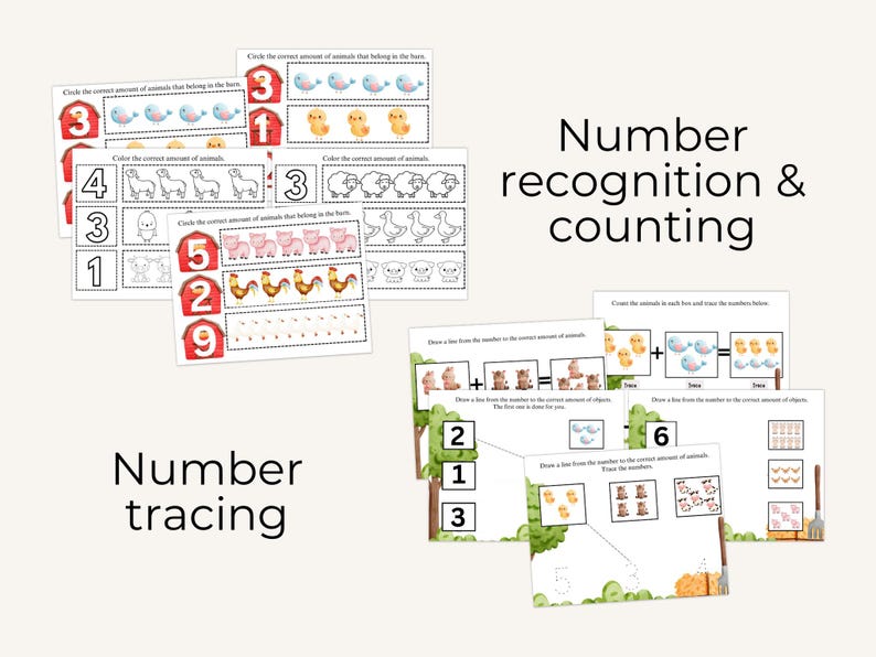 Farm Math Worksheets for Preschool, Pre-k; Number Tracing & Counting ...