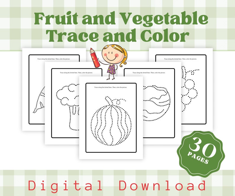 Fruit & Veggie Trace and Color Worksheets, Pencil Control Grip Practice ...