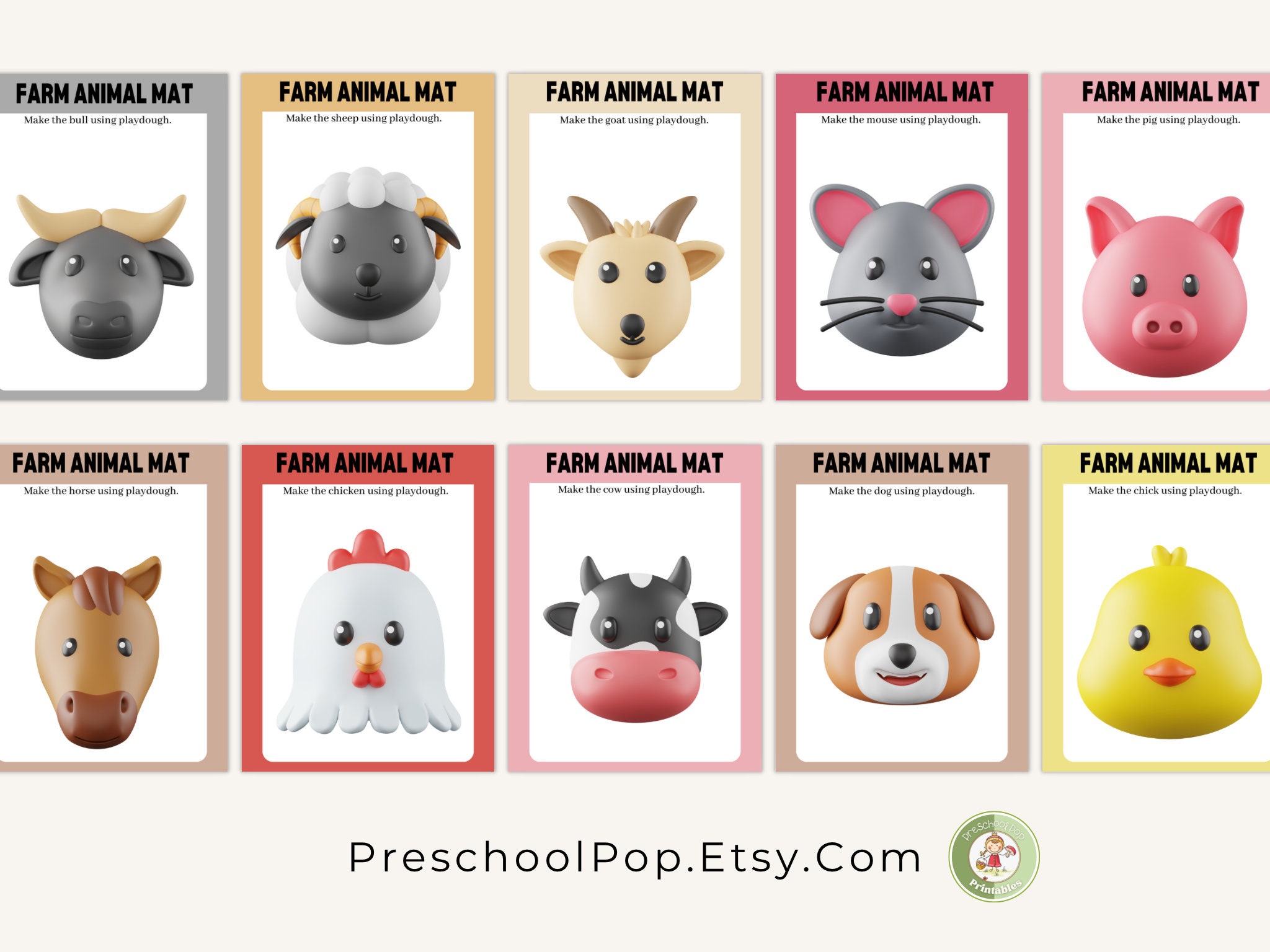 Printable Farm Animals Play Dough Mats, Playdough Sensory Learning ...