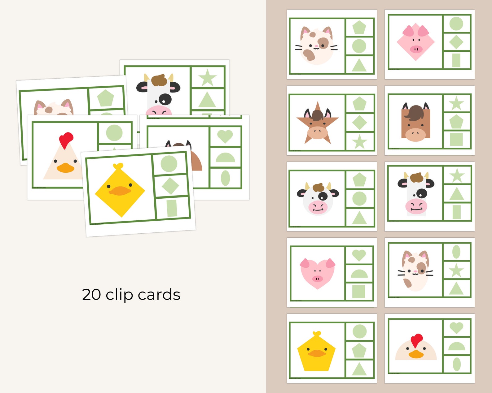 Farm Animals Shapes Clip Cards; Shape Activity for Toddlers Preschool ...