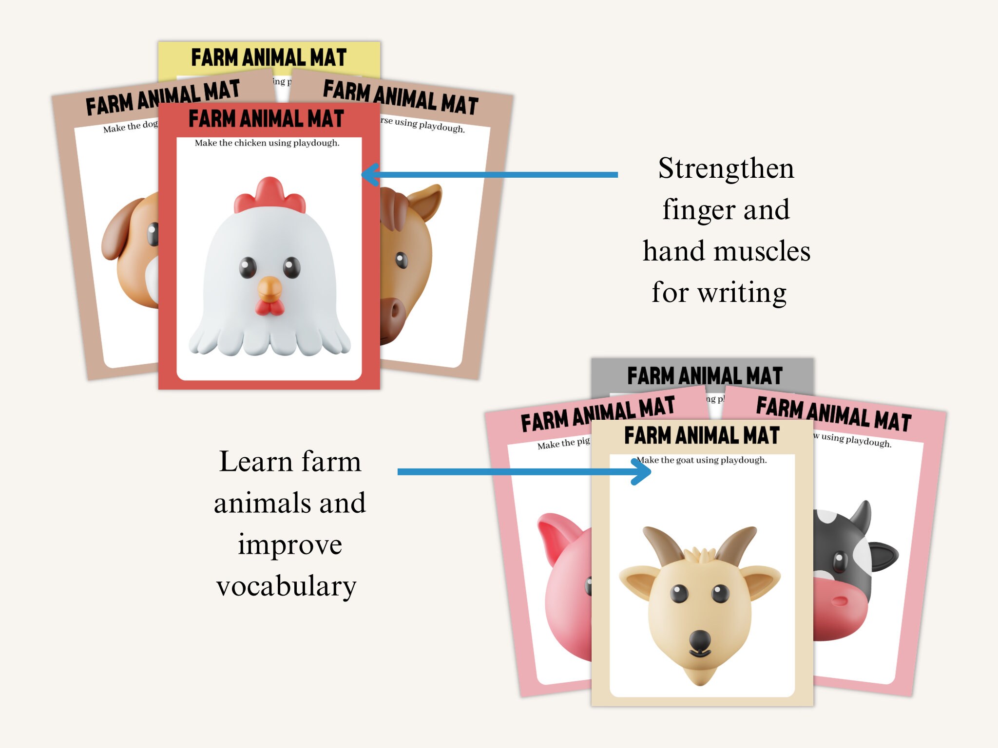 Printable Farm Animals Play Dough Mats, Playdough Sensory Learning ...