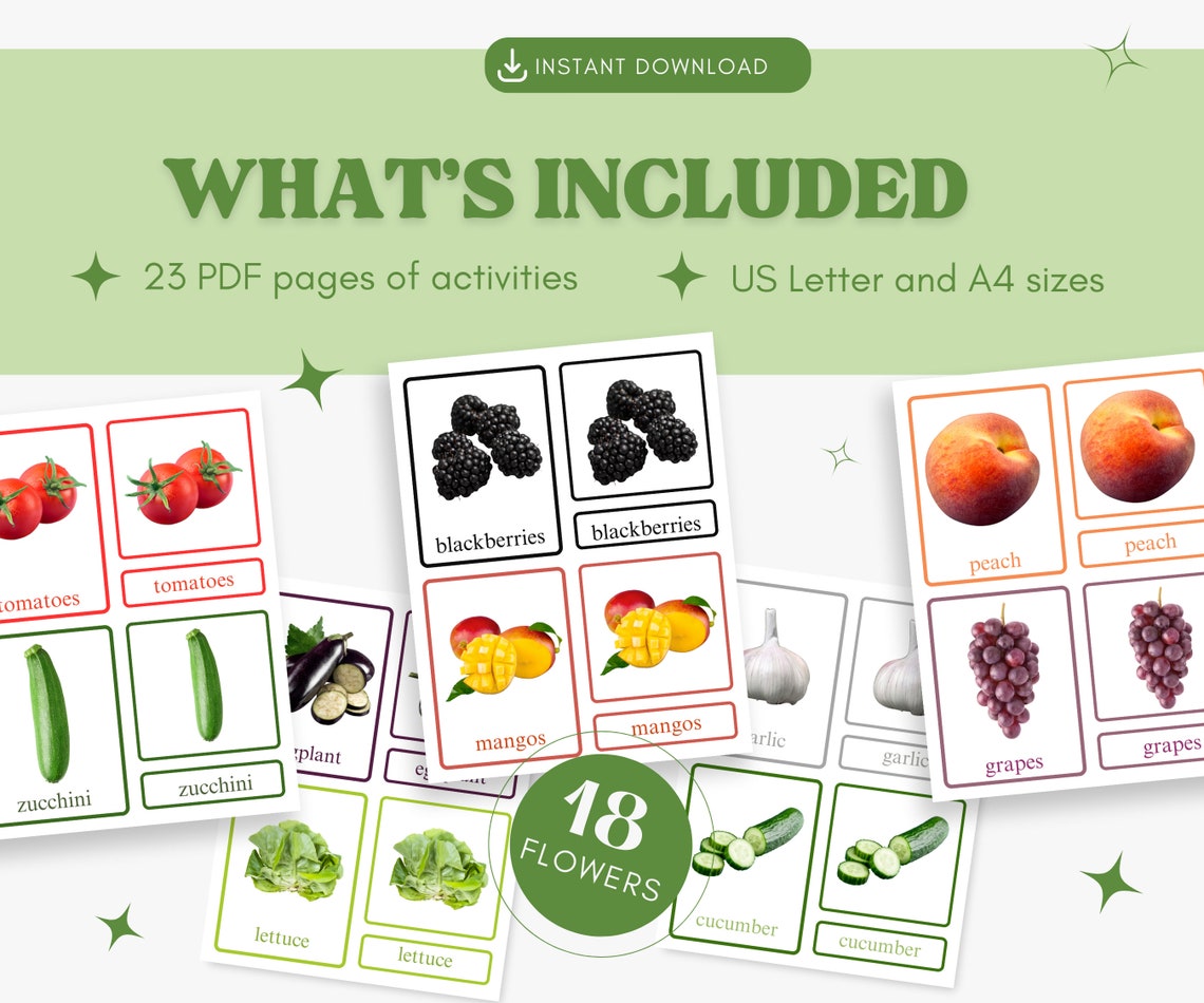Printable Montessori-inspired 3 Part Cards, Fruits and Vegetables ...
