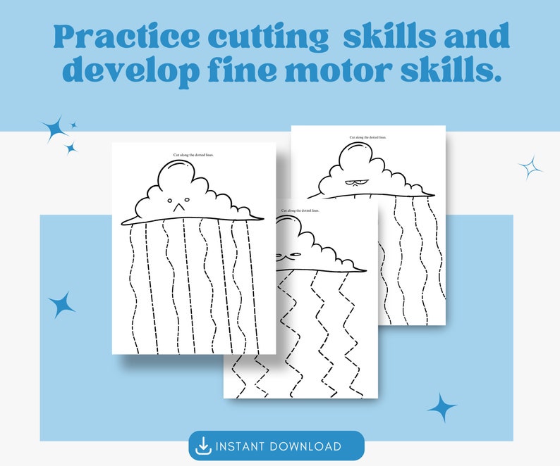 Cloud Scissor Skills Printable Cut Out Pages, Pre-k Worksheets, Fine ...