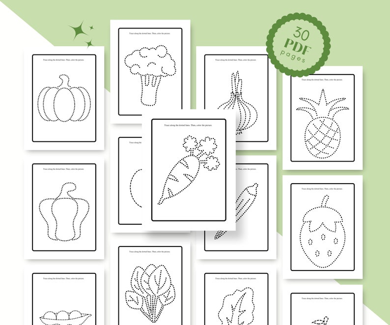 Fruit & Veggie Trace and Color Worksheets, Pencil Control Grip Practice ...