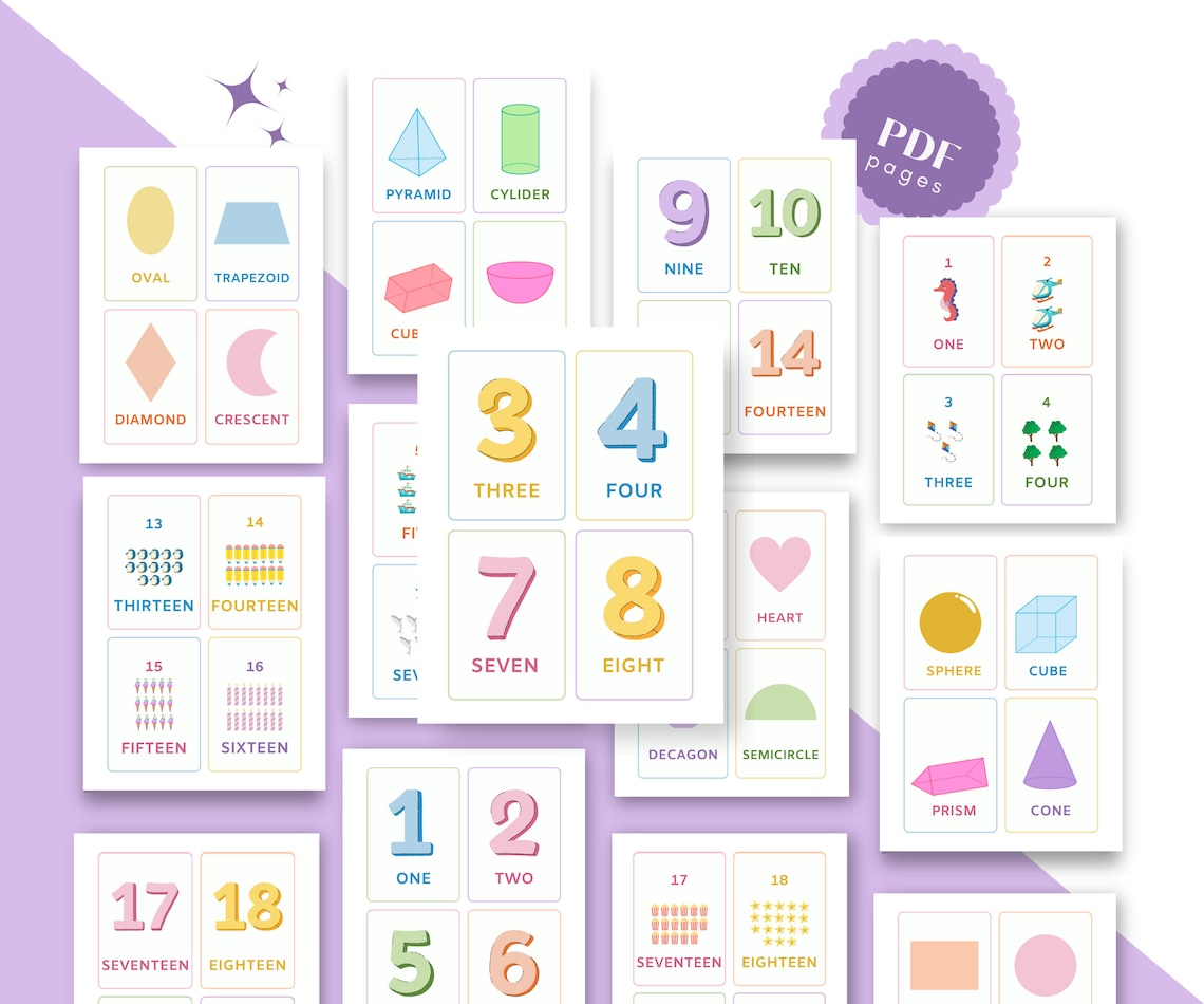 Kindergarten Math Flashcards, Shapes and Numbers Printable Study Cards ...