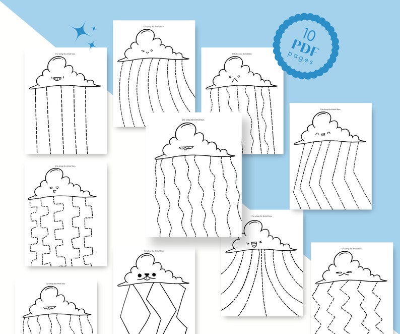 Cloud Scissor Skills Printable Cut Out Pages, Pre-k Worksheets, Fine ...